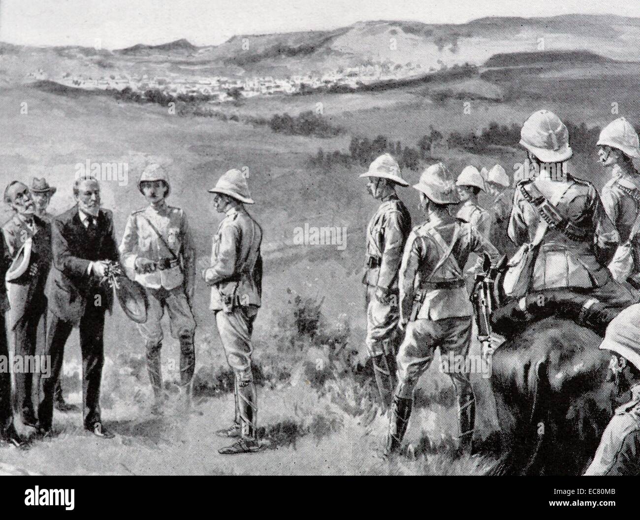 Engraving depicts the surrender of Bloemfontein on May 12th 1901. Field ...