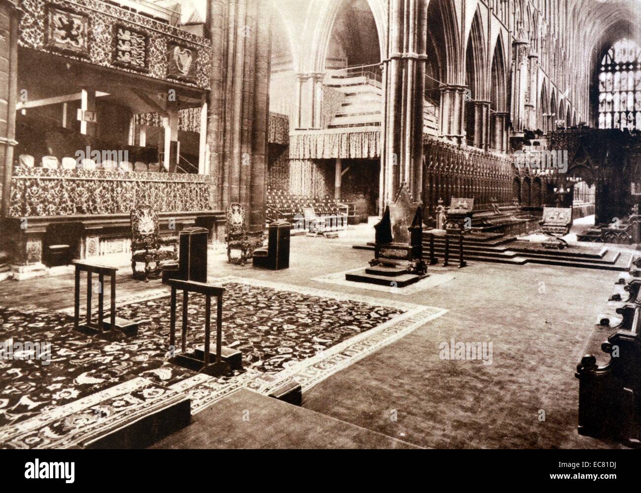 Westminster Abbey, London. Image shows the throne set in the centre of ...