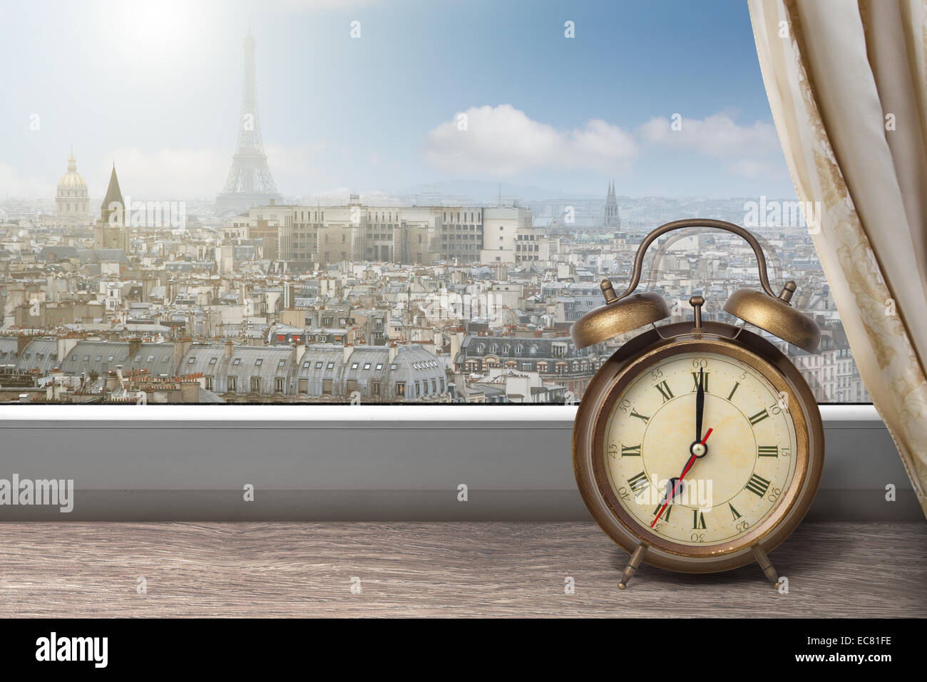 View of Paris and Eiffel tower from window with alarm clock Stock Photo ...