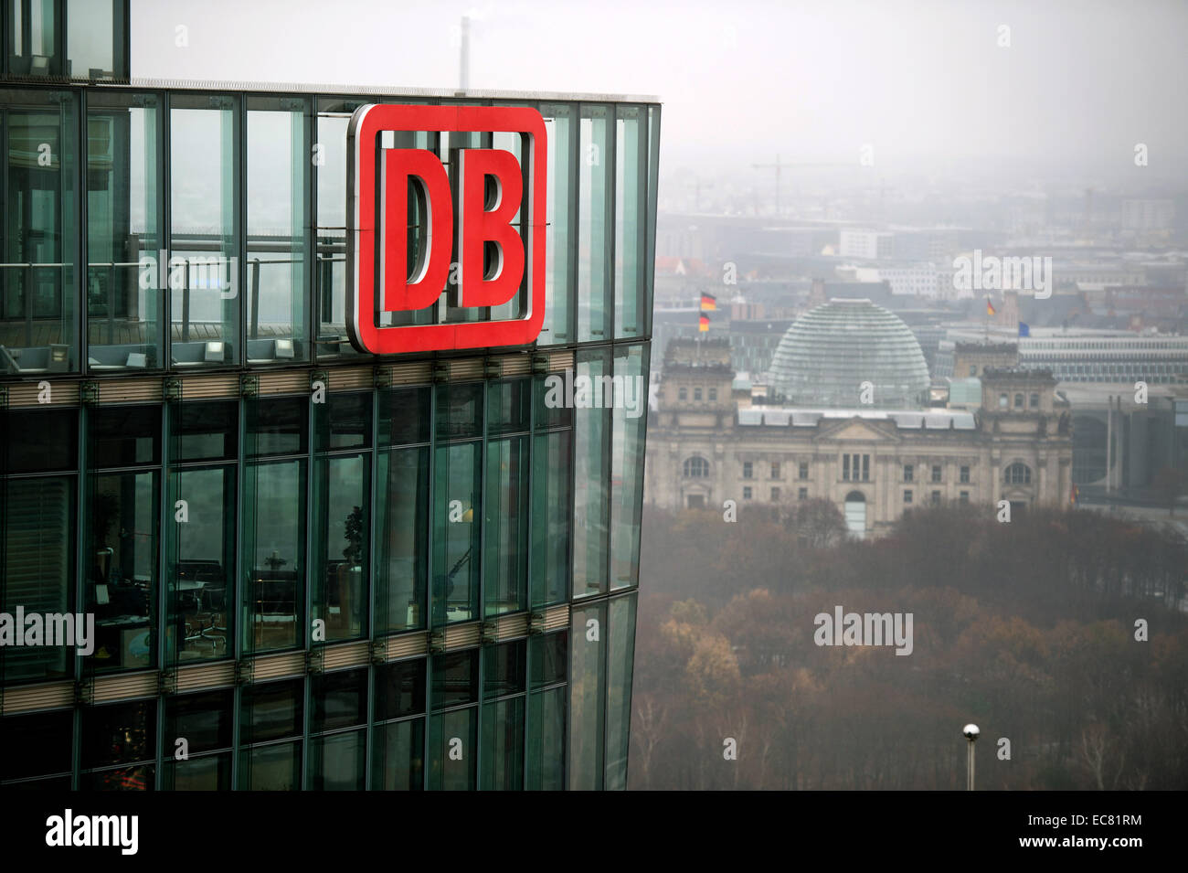 The red DB logo for the Deutsche Bahn (German Railway) is raised above ...