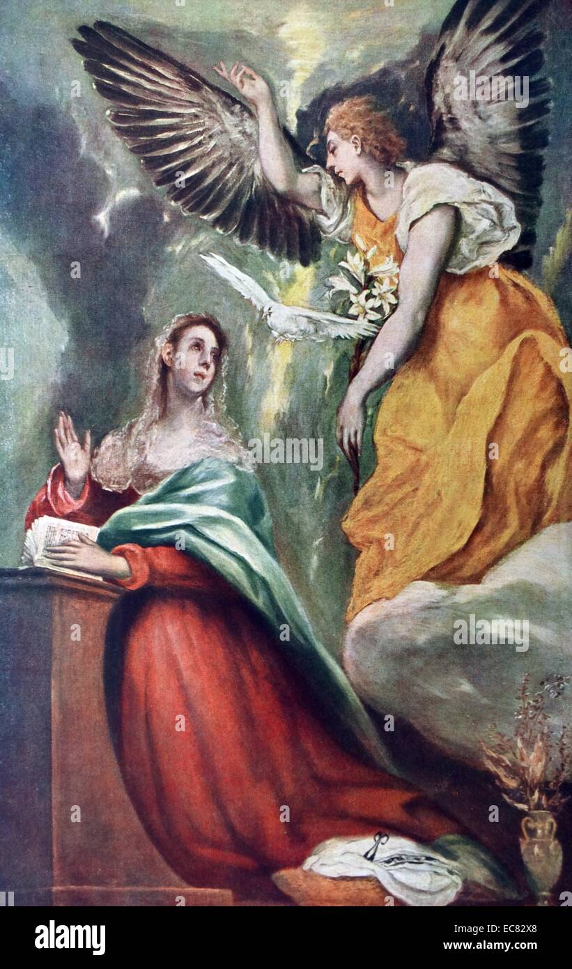 Painting titled 'Annunciation'. Painted by El Greco (1541-1614) born Doménikos Theotokópoulos ...