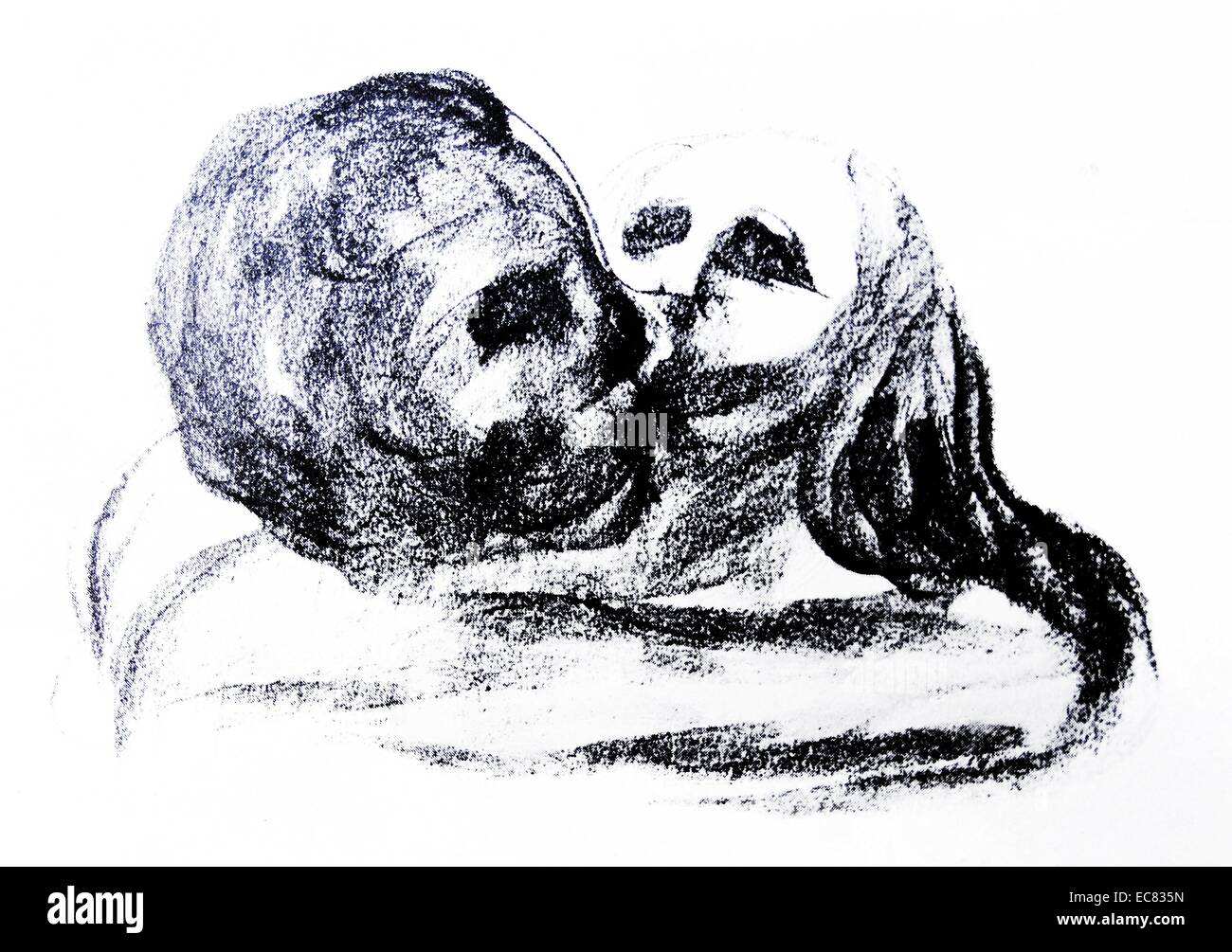 Work entitled Kissed, by Norwegian artist Edvard Munch (1863-1944). The ...