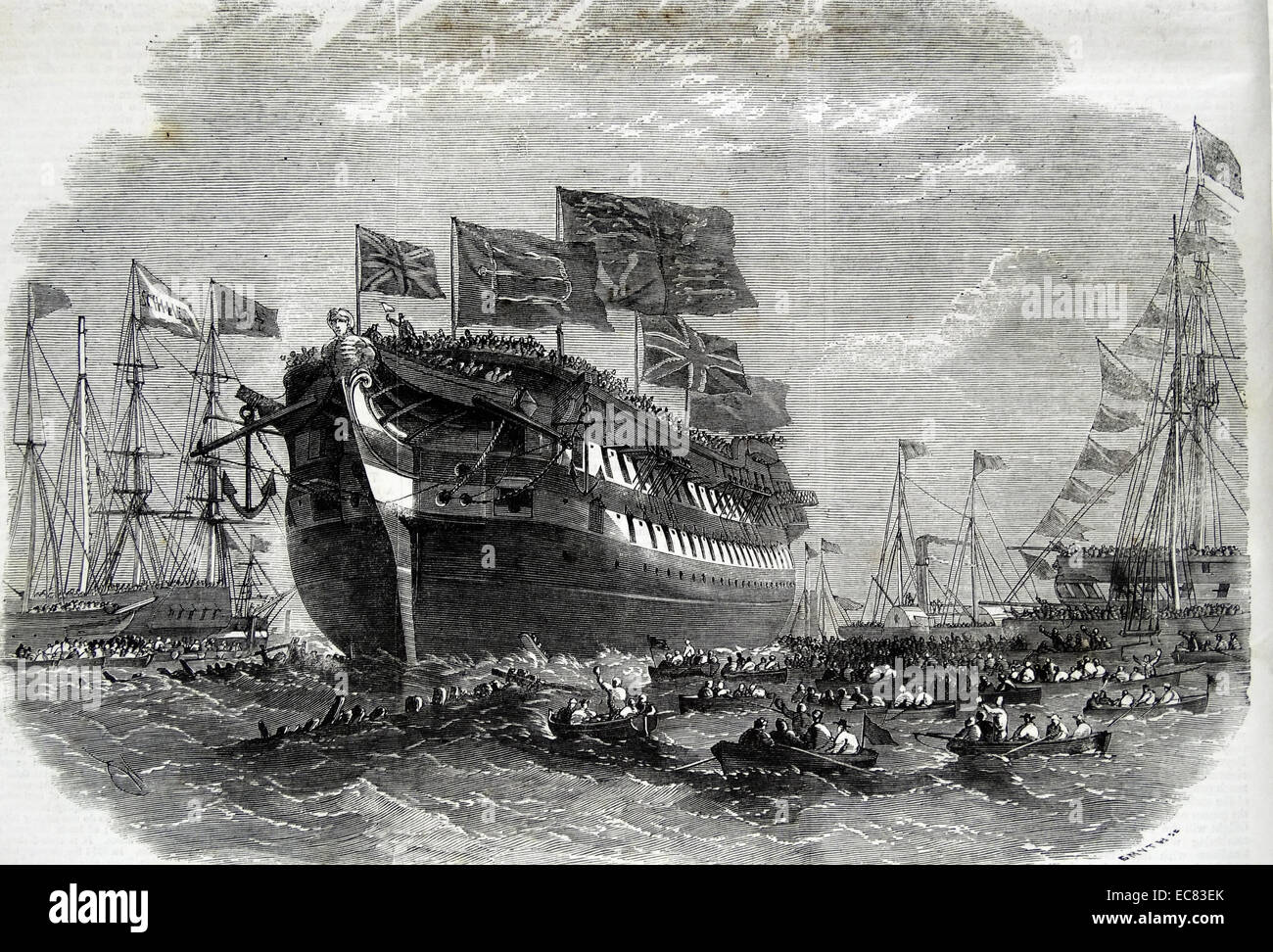 Launch of the screw line-of-battle ship 'Anson' at Woolwich Stock Photo ...