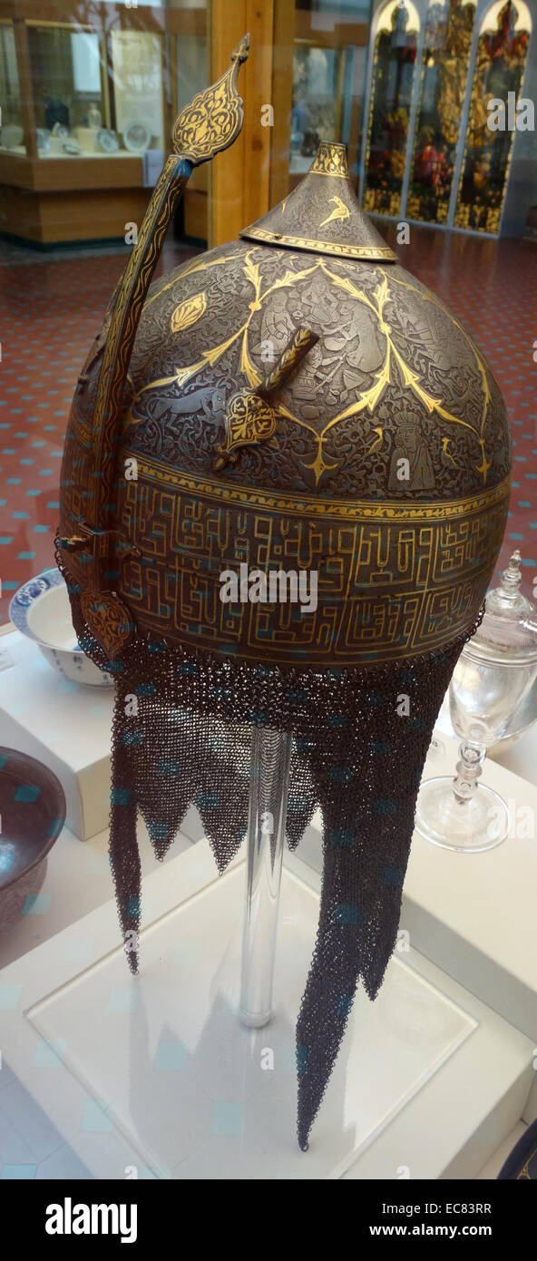 Helmet; Iran; 1750; Damascened: iron chiselled and inlaid with gold ...