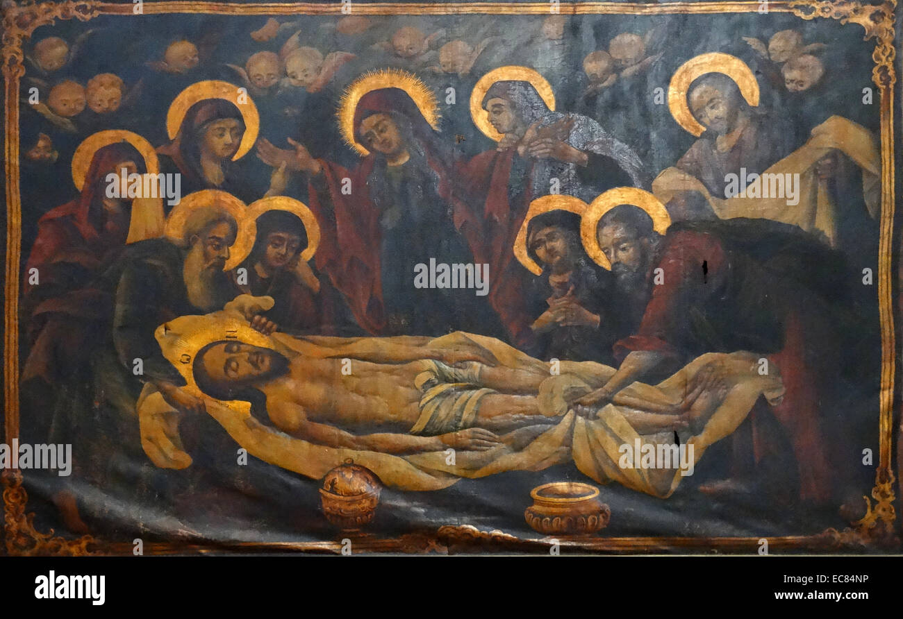Greek icon of Christ being laid in the tomb in the Church of the Holy ...