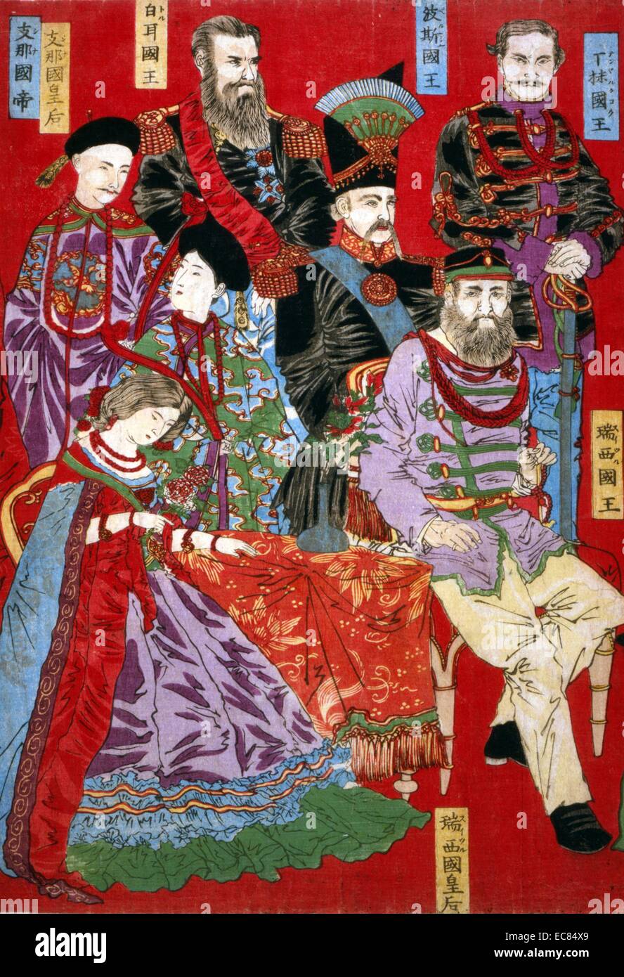 Japanese hand coloured woodcut. The portrait shows four world leaders ...