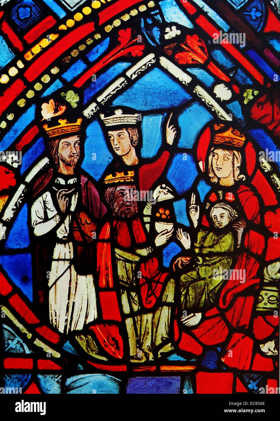 Stained glass window depicting the adoration of the Magi. Dated 13th ...