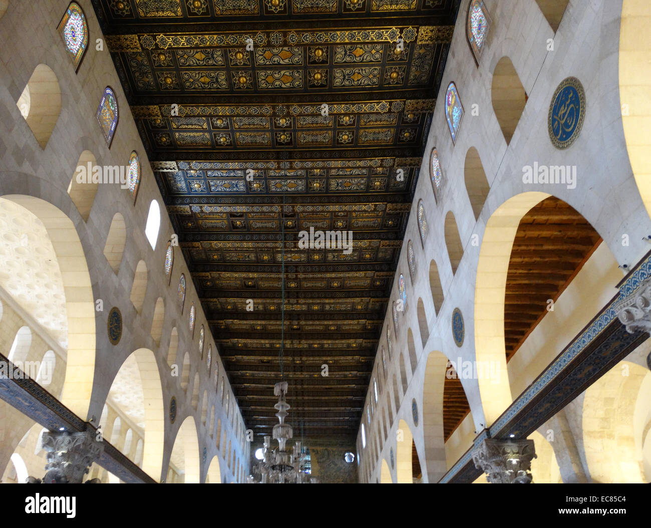 Restored beams decorated in Islamic tradition styles inside the Al-Aqsa ...