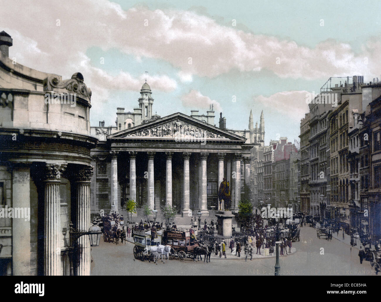 Hand coloured photograph of the Bank of England with horse drawn buses ...