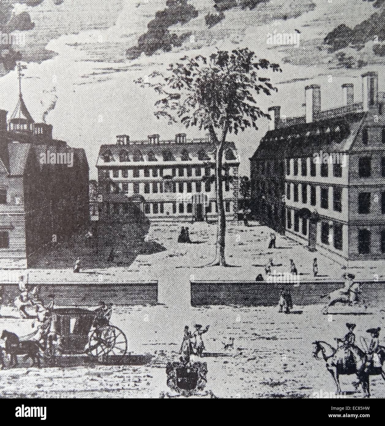 Engraving of the first college in America. Harvard was founded in ...