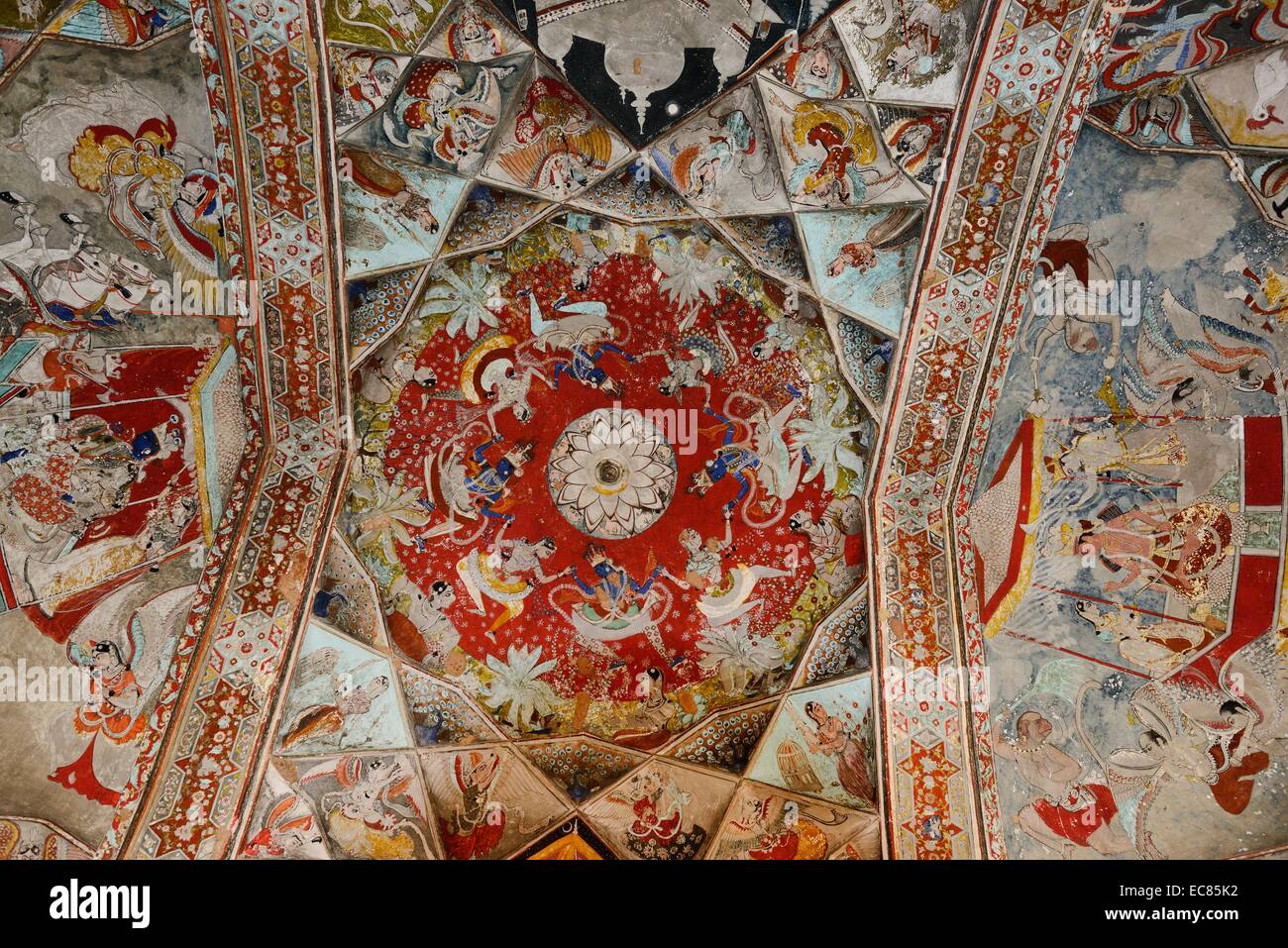 India, Rajasthan, Mewar Region, village of Bundi, murals of a ceiling ...