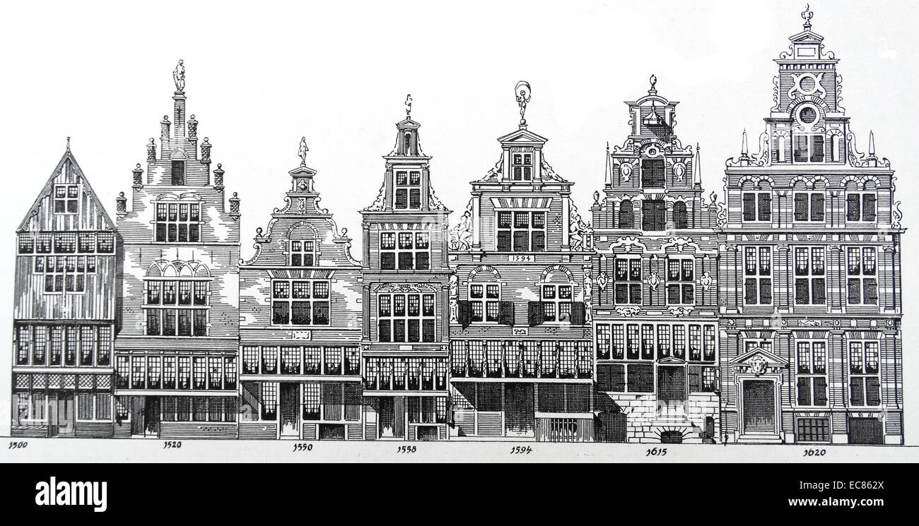 Drawing showing architectural transition of styles of Dutch houses in ...