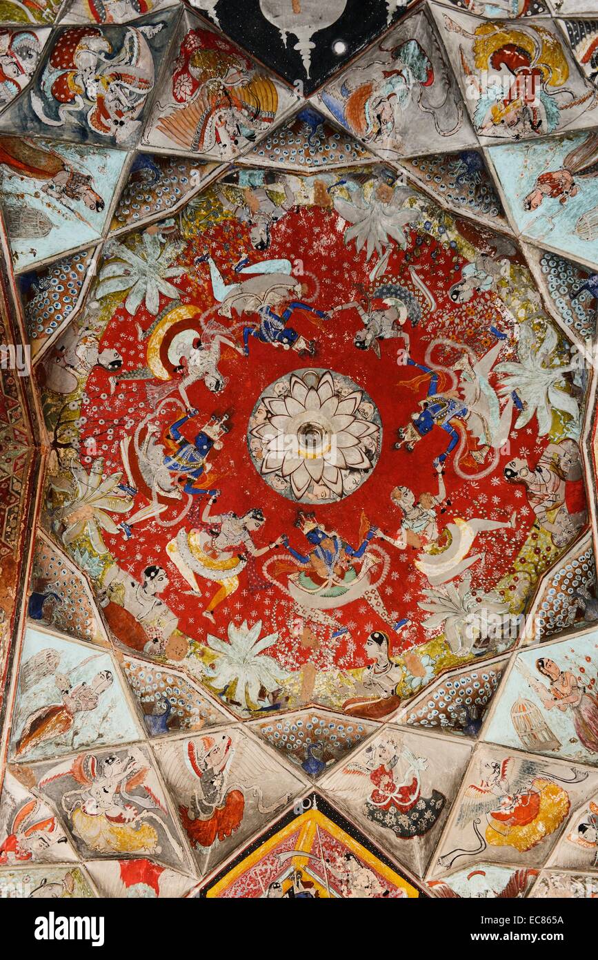 India, Rajasthan, Mewar Region, village of Bundi, murals of a ceiling ...