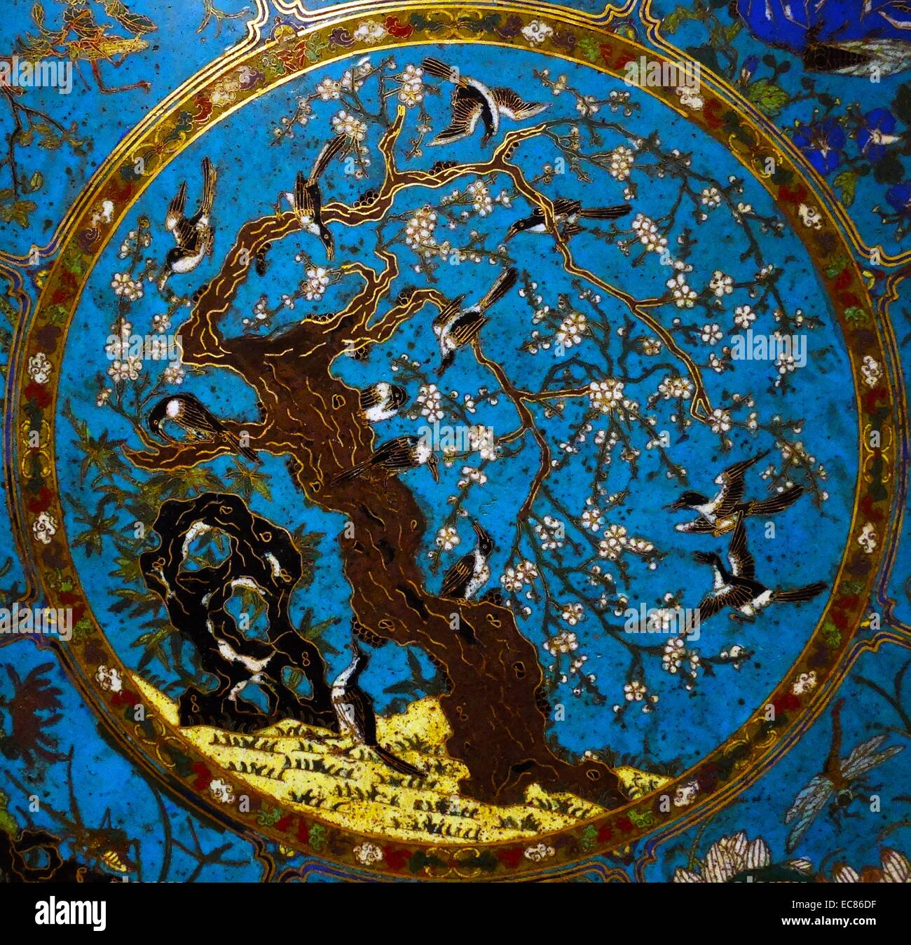 Detail from a Chinese plaque depicting Magpies and a blossoming plum ...