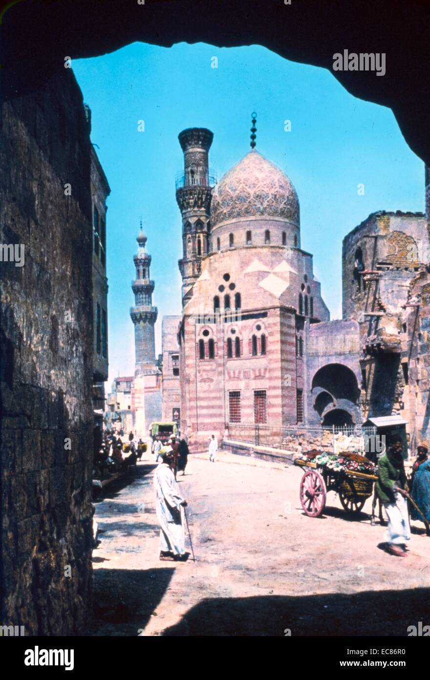 Colour photograph of Cairo street scene and Mosque of Kait Bey. Dated ...