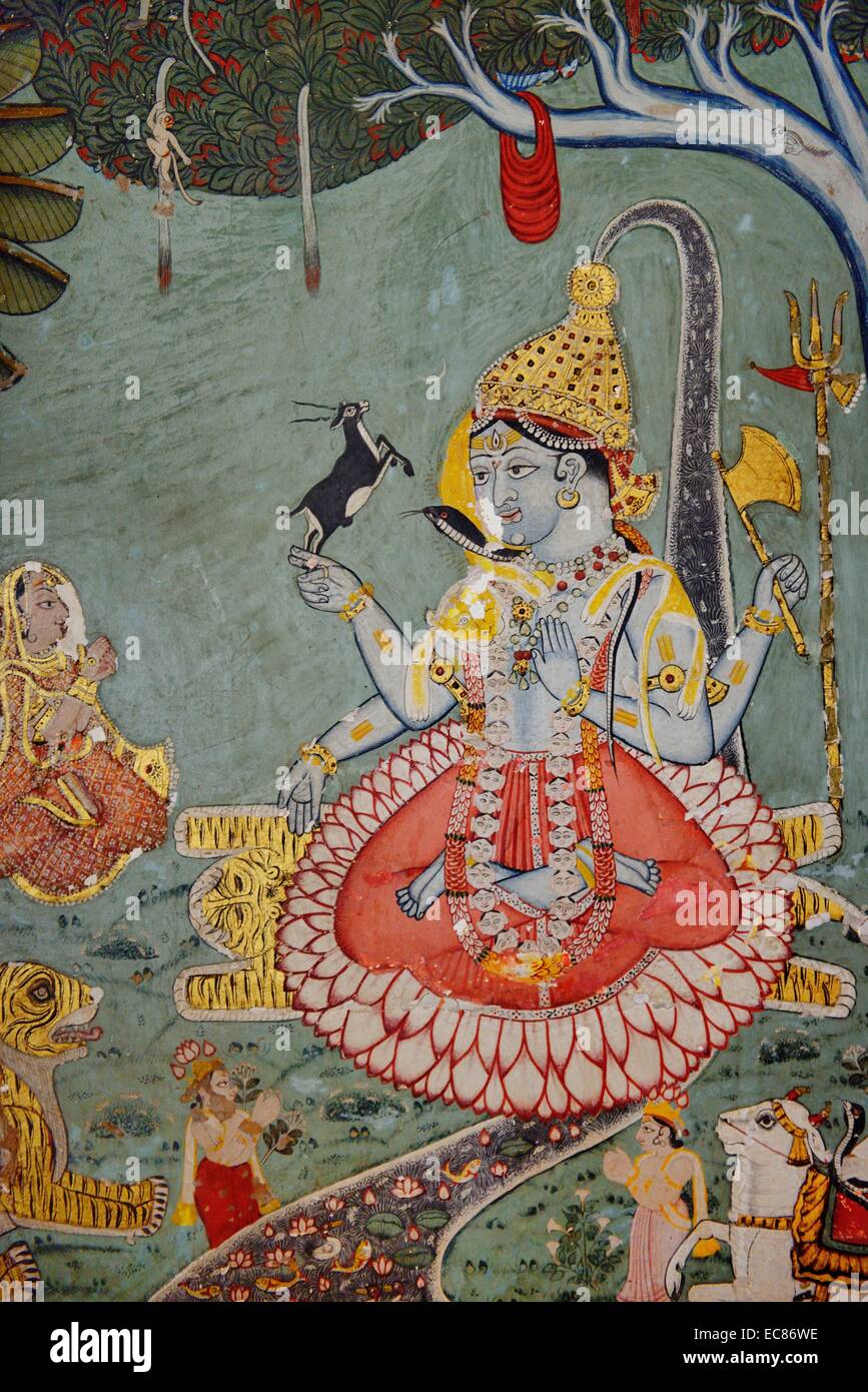 India, Rajasthan, Mewar Region, town of Bundi, murals of the Maharaja ...