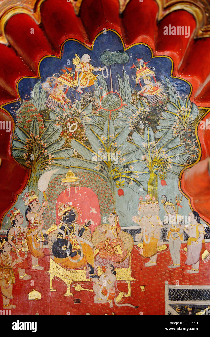 India, Rajasthan, Mewar Region, town of Bundi, murals of the Maharaja ...