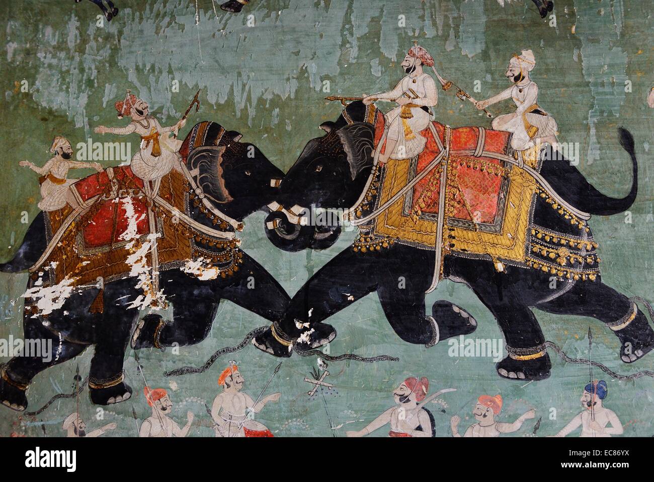 India, Rajasthan, Mewar Region, town of Bundi, murals of the Maharaja ...