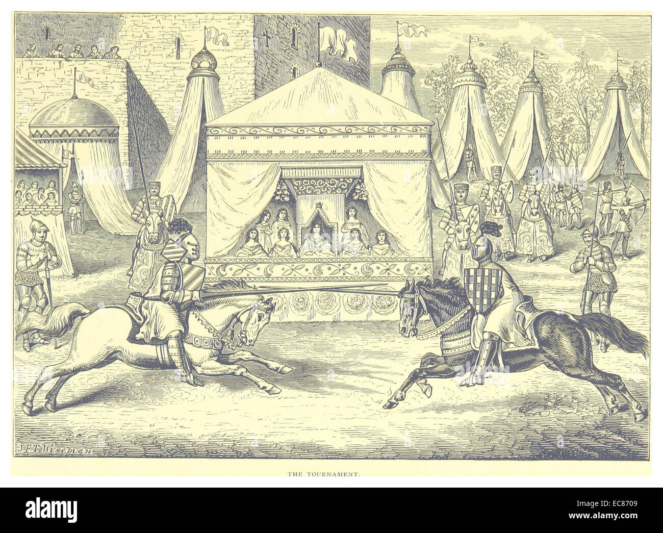 This illustration portrays a medieval tournament, featuring knights in ...