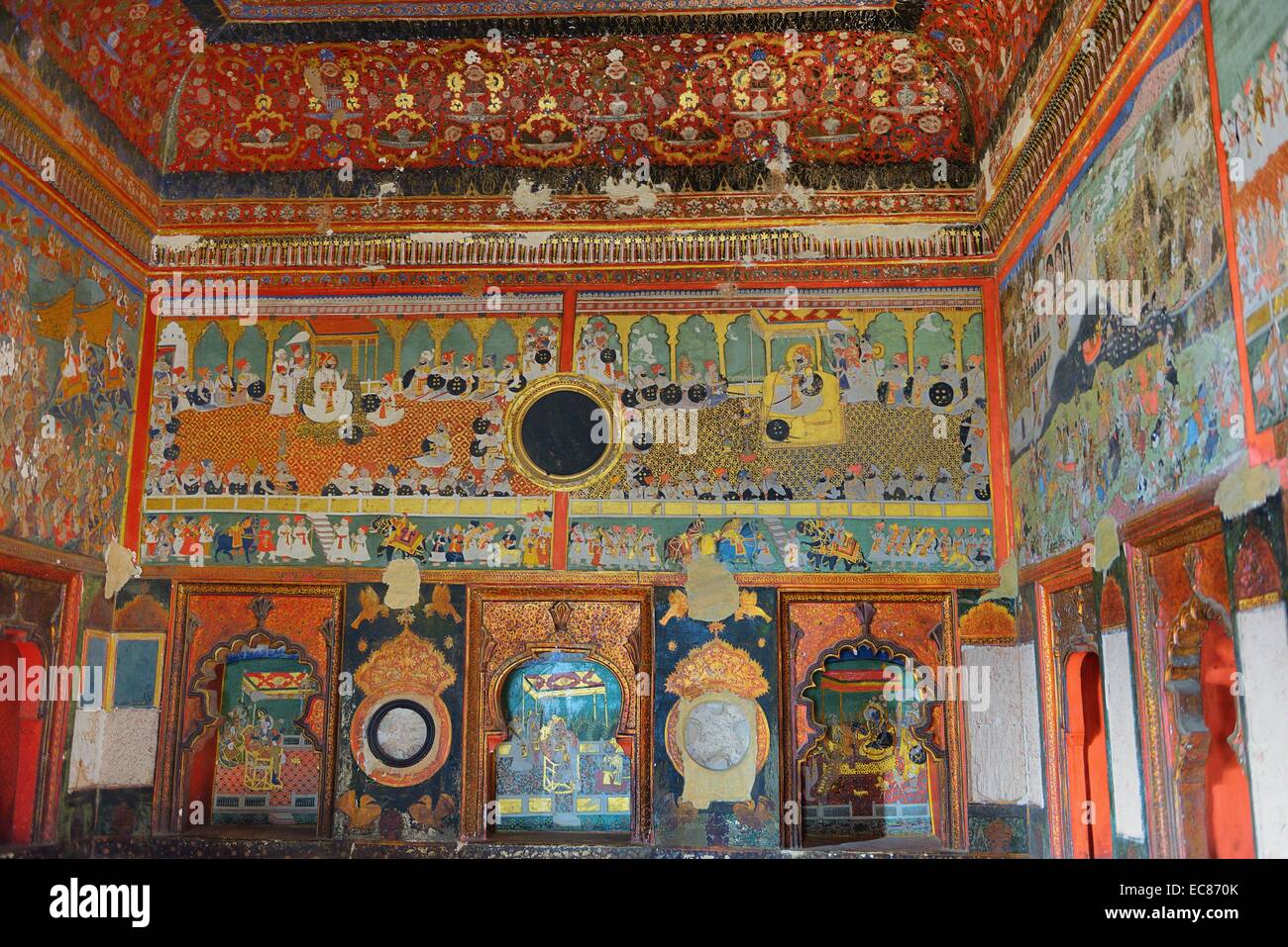 India, Rajasthan, Mewar Region, town of Bundi, murals of the Maharaja ...