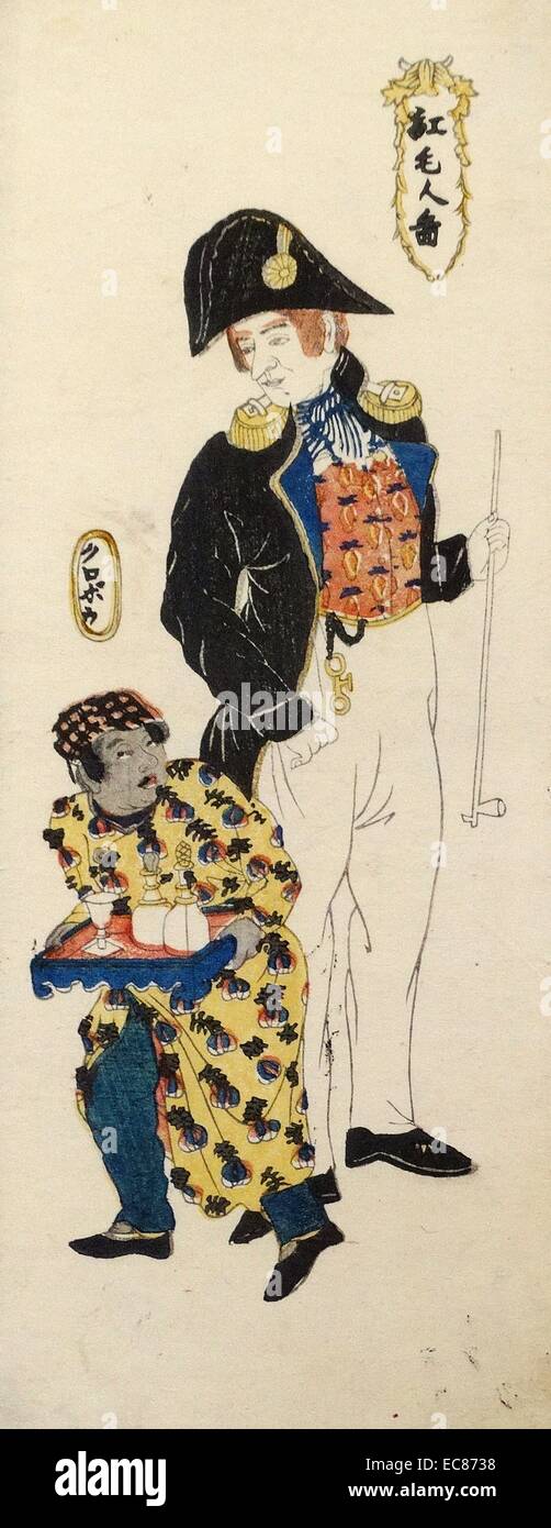 Portrait of a red-haired foreigner and a black boy, Japan. Dated 1845 ...