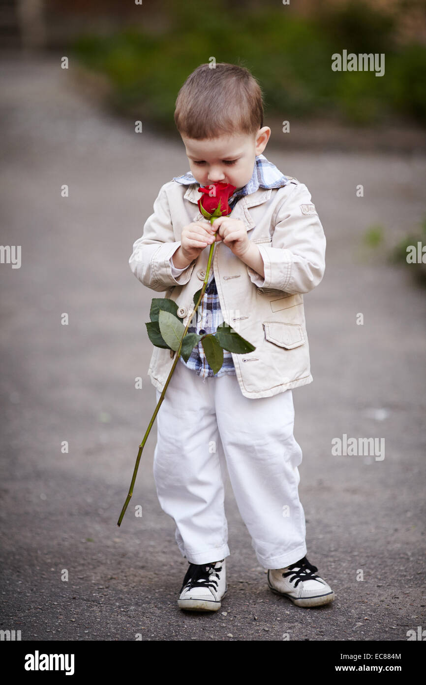 pretty boy hold red rose in hand Stock Photo - Alamy