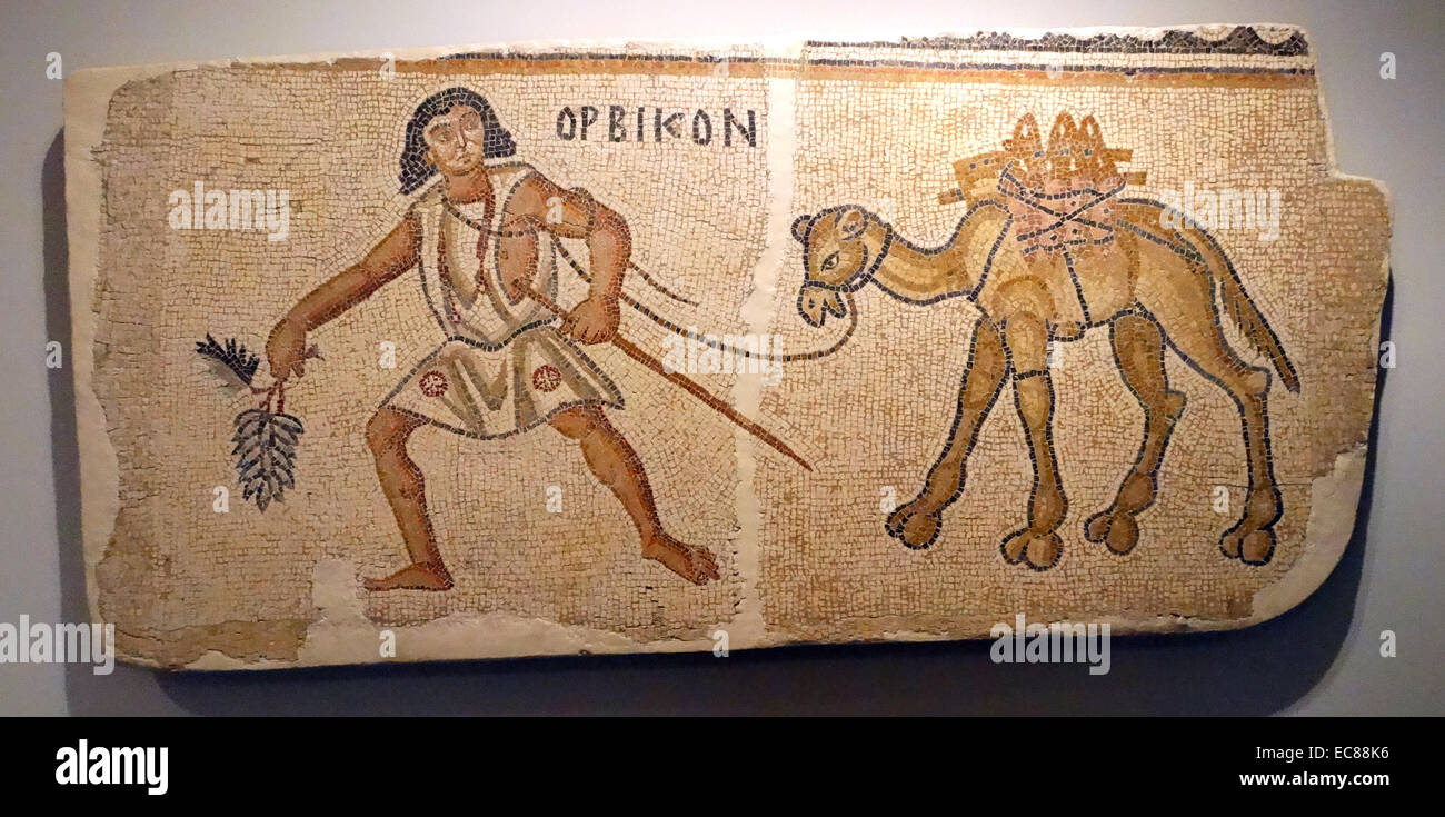 Partial Mosaic floor from a church depicting a man leading a camel ...
