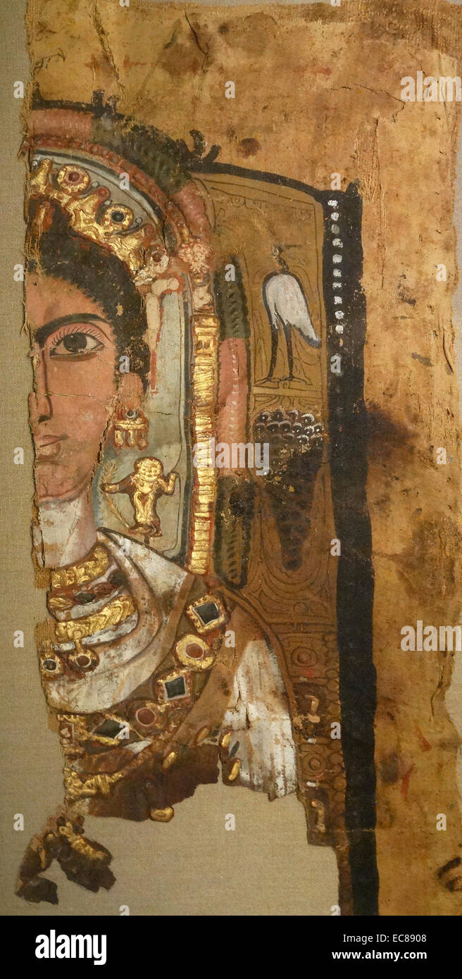 Shroud fragment showing a woman wearing ornate jewellery. Shrouds were ...