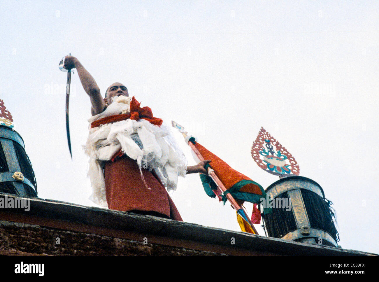 Ladakh Tibet Matho monastery Cham dance ceremony monk parapet roof ...