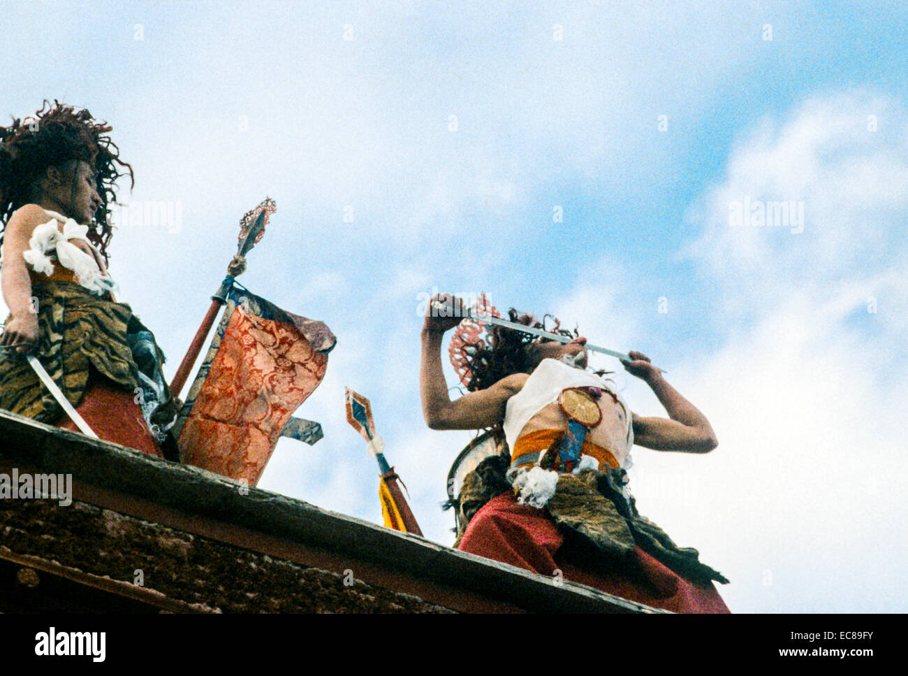 Ladakh Tibet Matho monastery Cham dance ceremony monk parapet roof ...