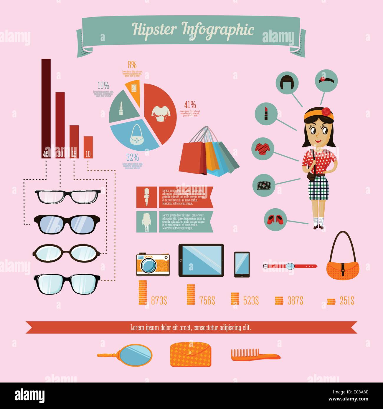 Hipster infographics elements set with geek girl charts and graphs ...