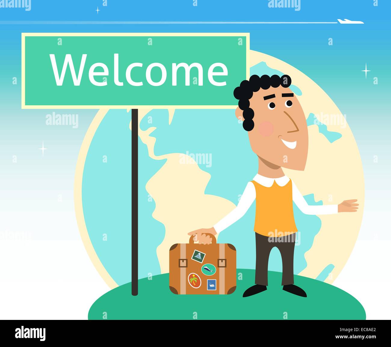 Vacation or business traveler character with suitcase and welcome sign ...