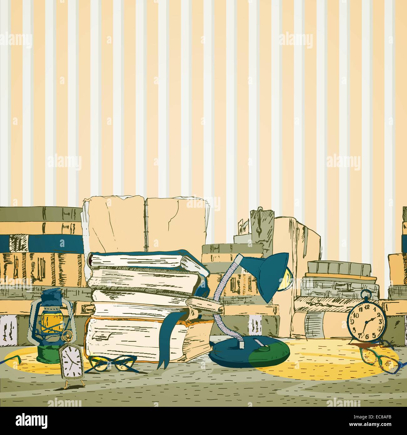 Books reading border with book stacks in yellow colors vector ...