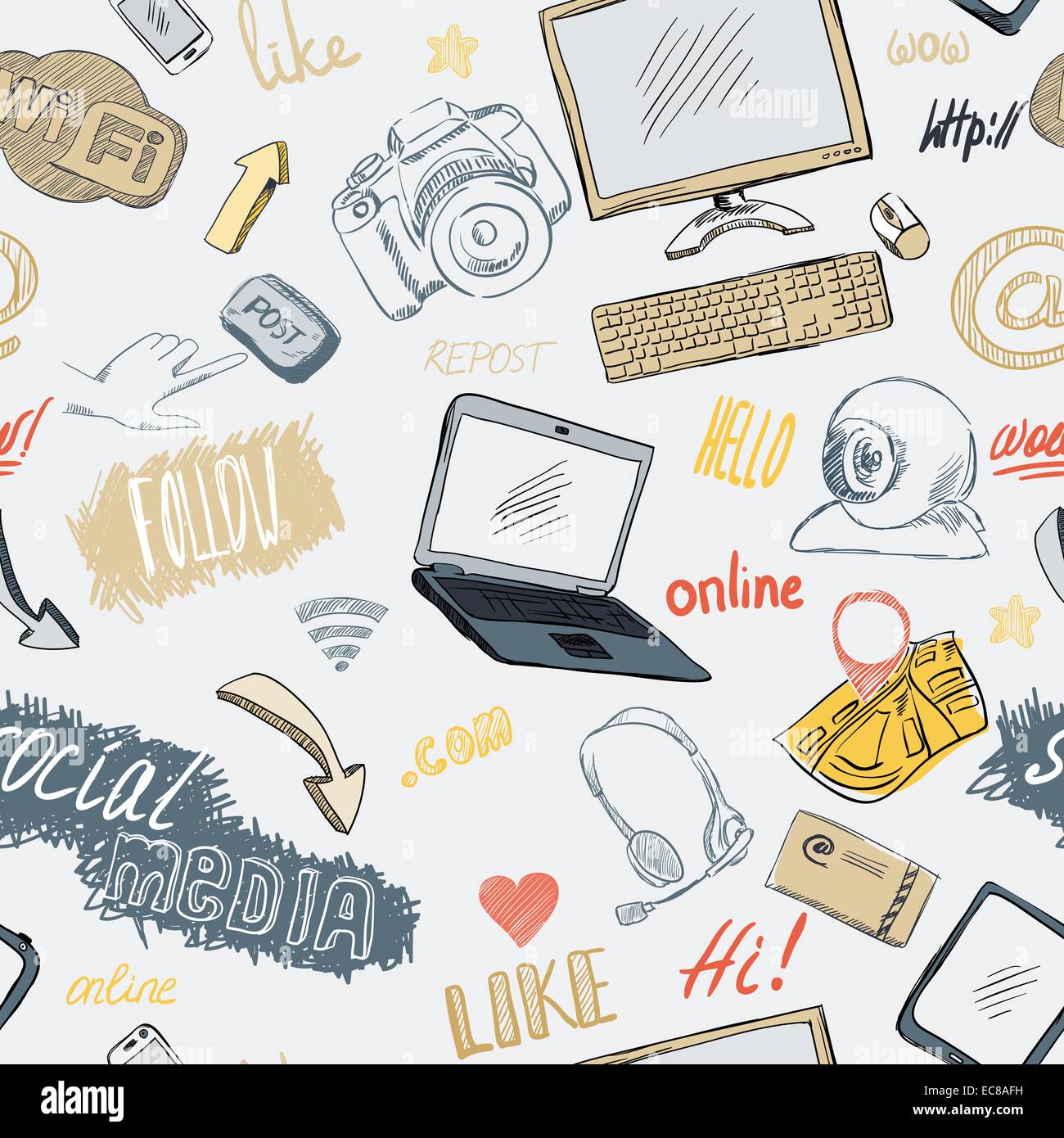 Seamless doodle blog social media marketing pattern background vector ...
