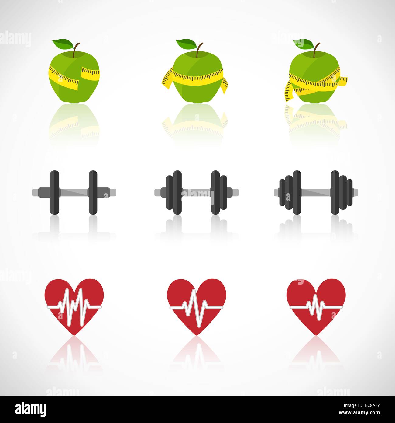 Fitness exercises progress icons set of heart rate strength and ...