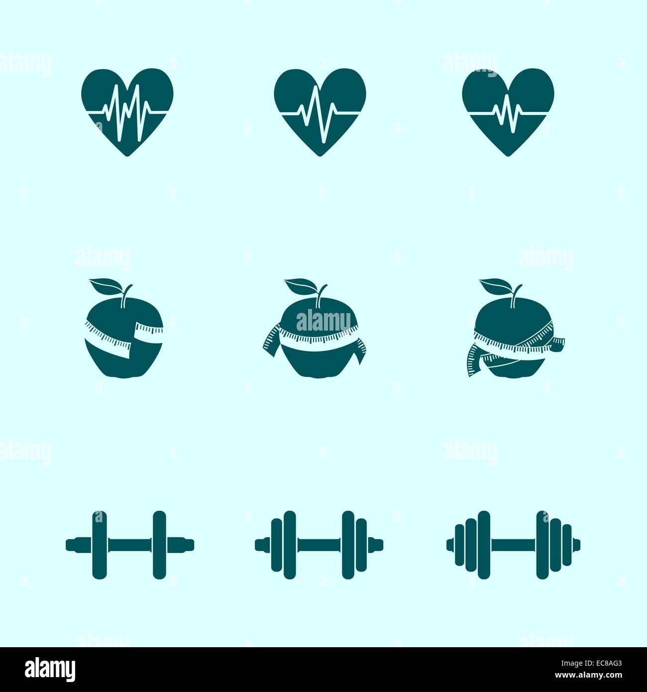 Fitness exercises progress icons set of heart rate strength and ...