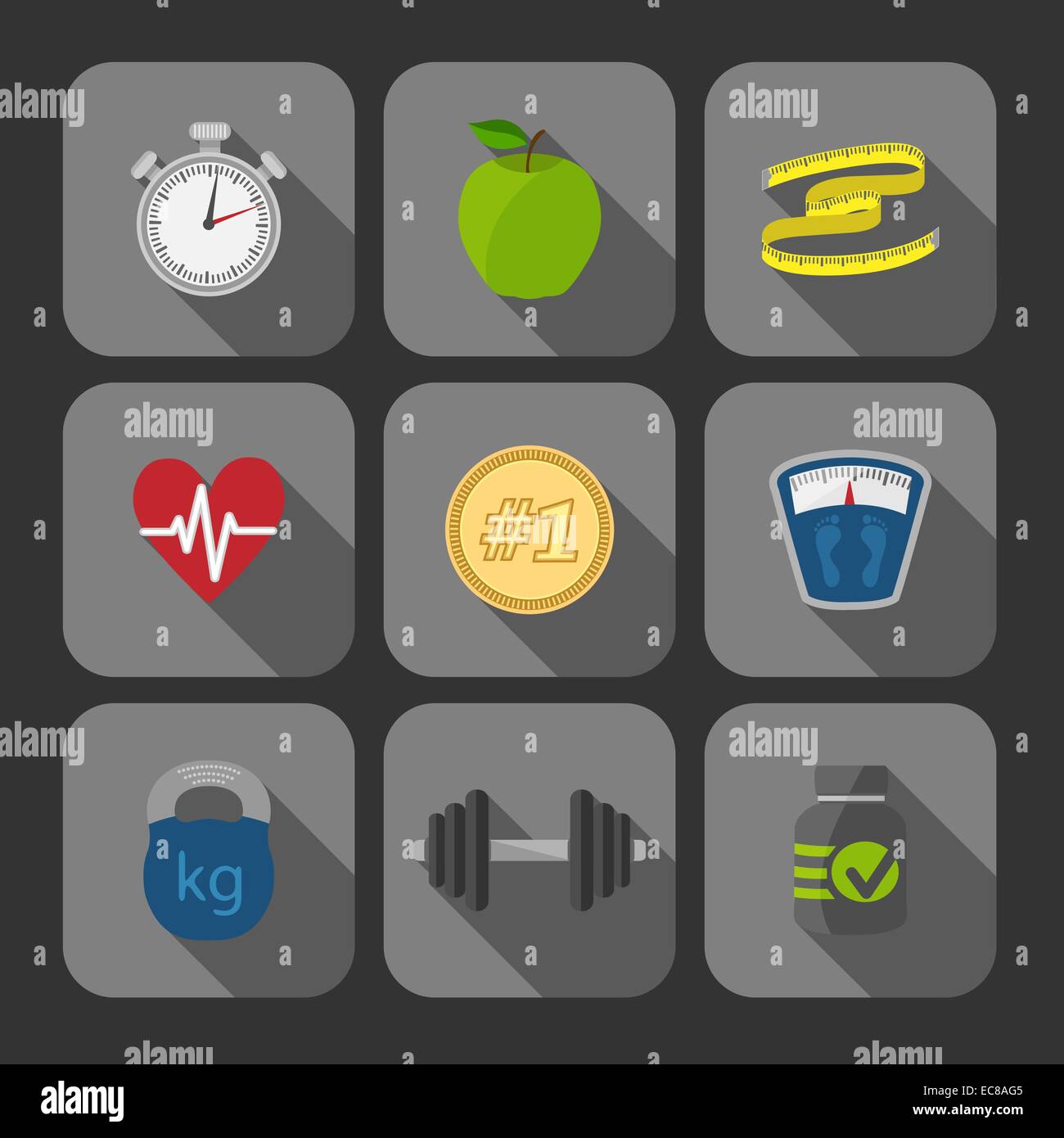 Fitness exercises progress icons set of heart rate strength and ...