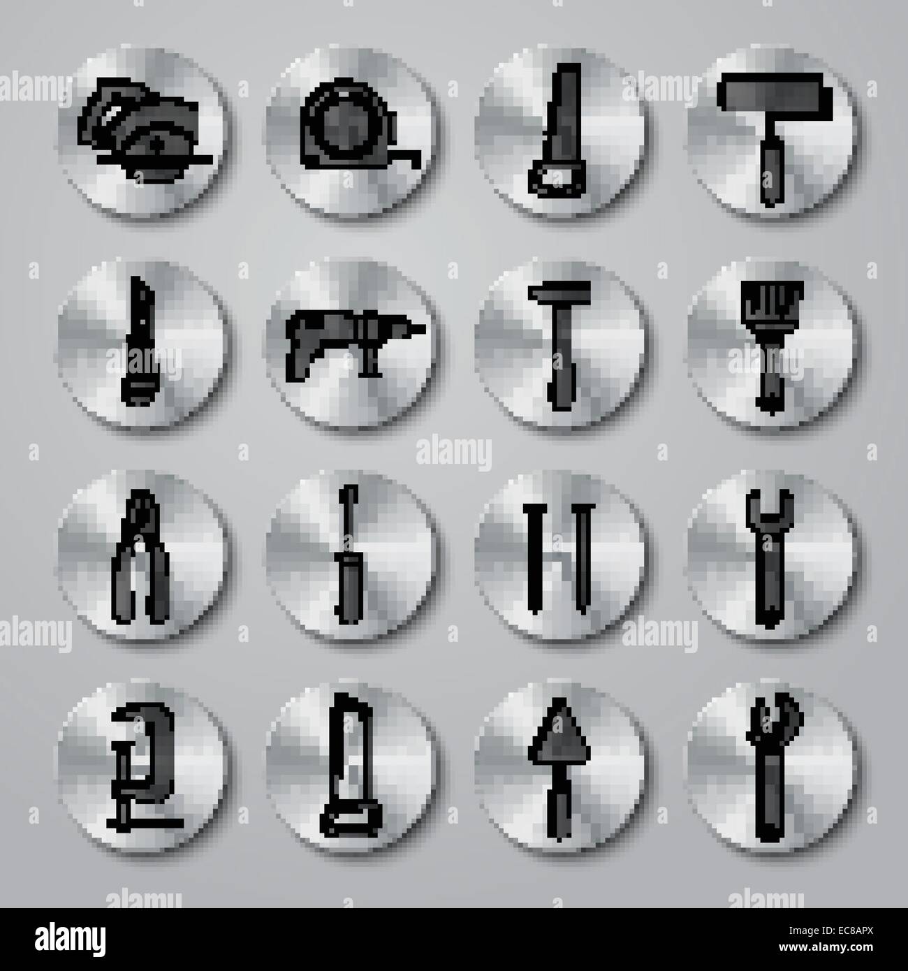 Toolbox icons set on round metal buttons of wrench hammer spanner and ...