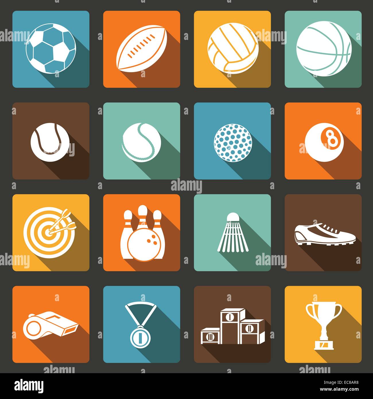 Sports white long shadow icons set of football baseball basketball and ...