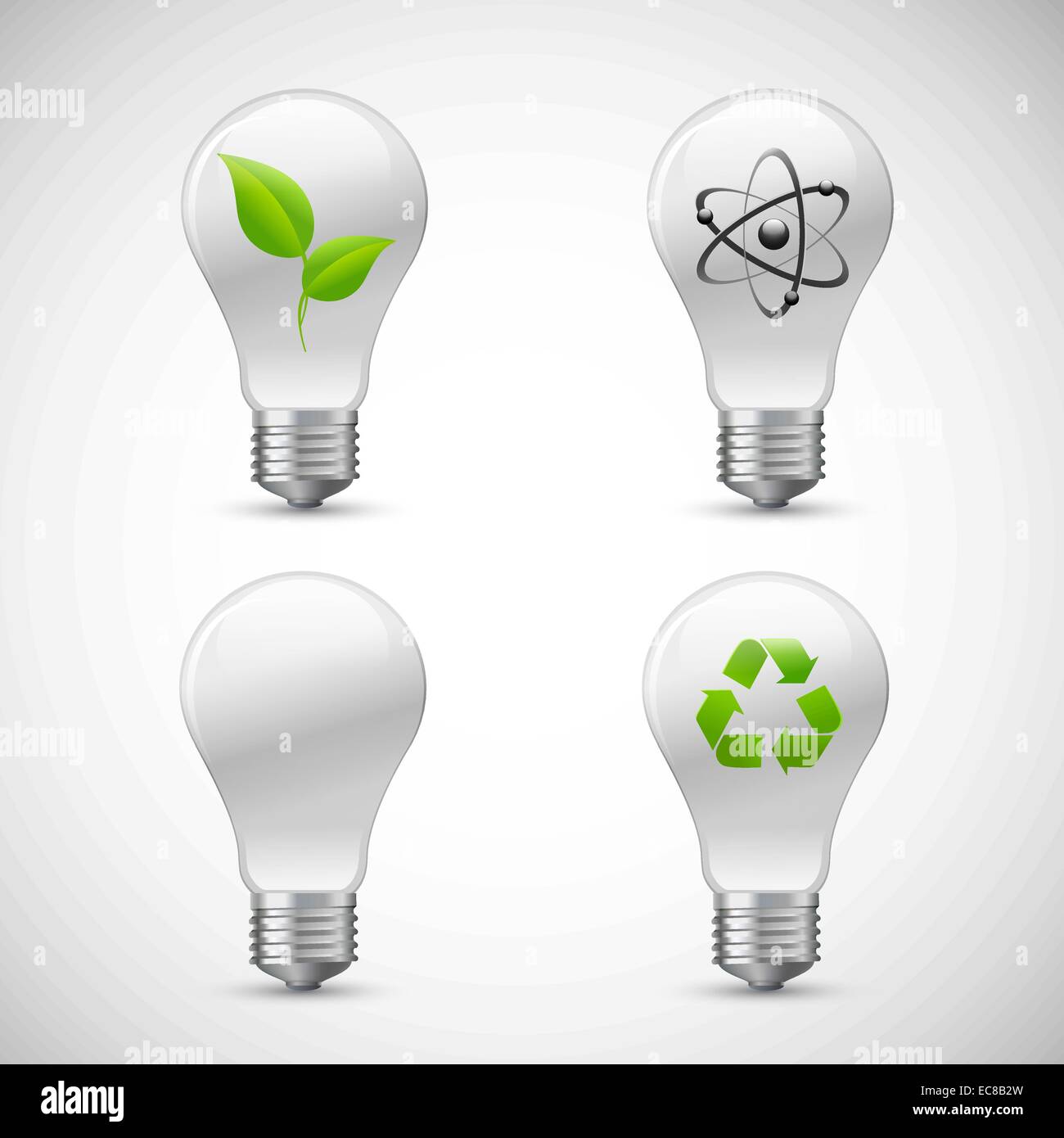 Green bio light bulbs 3d realistic icons set with leaf atom and ...