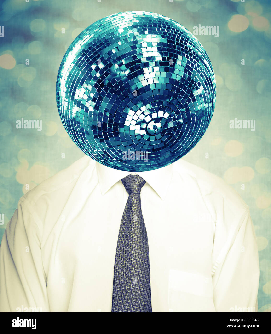 Abstract disco man in white shirt and tie with mirror ball as a head ...