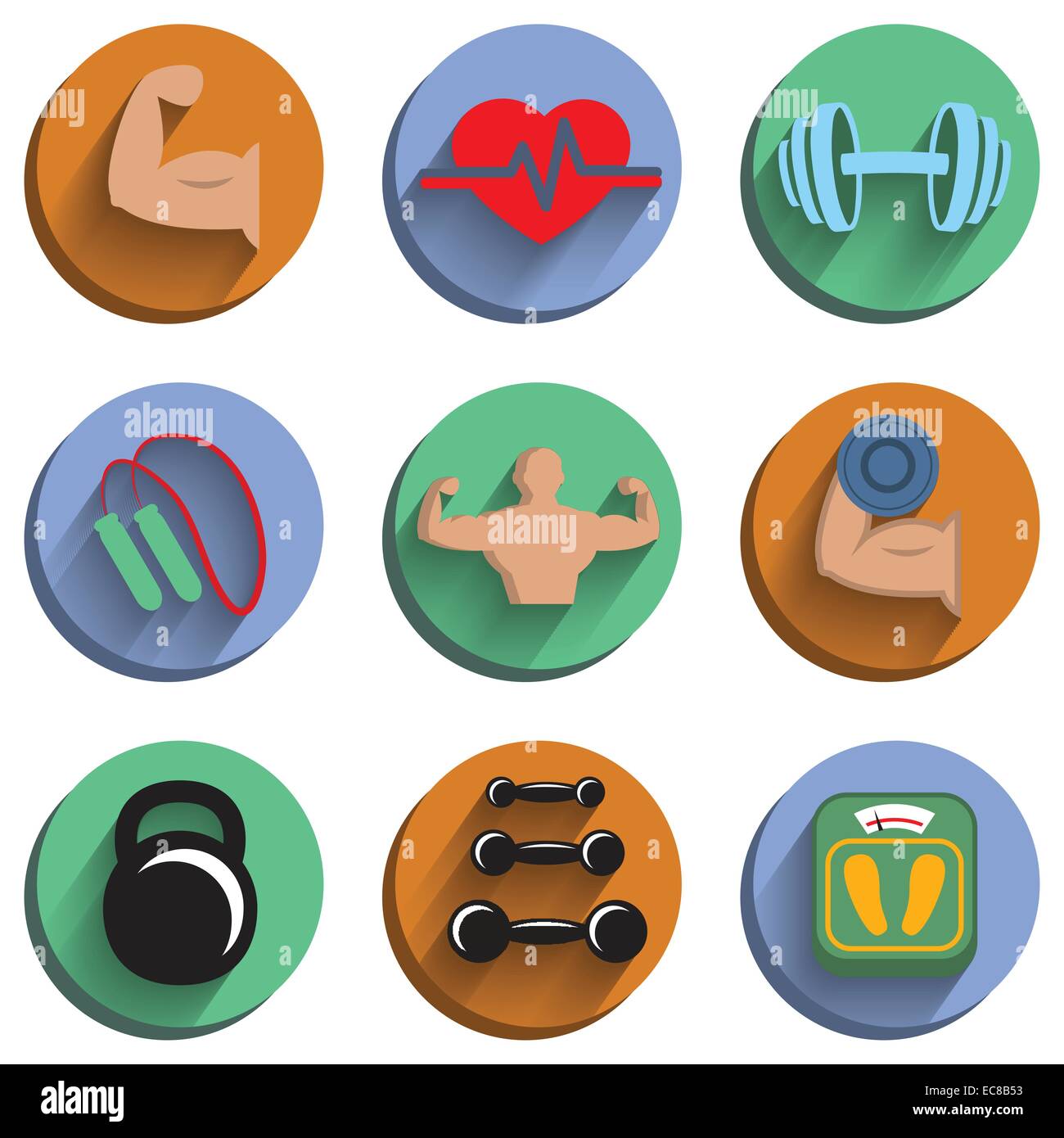 Fitness bodybuilding sport icons set of heart rate physical strength ...