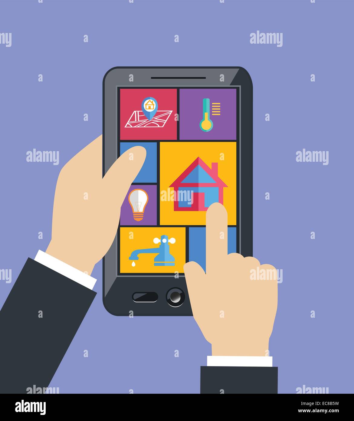 Hand holding mobile phone tablet controls smart home utilities power ...