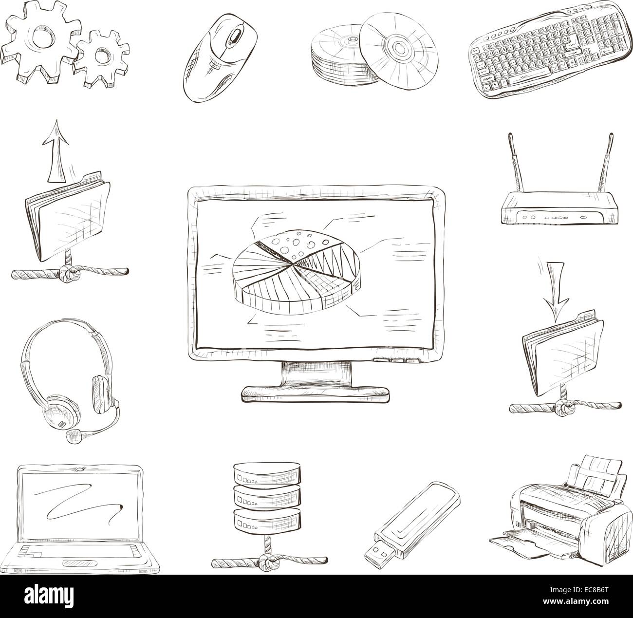 Business computer icons set of workplace desktop printer and wireless ...