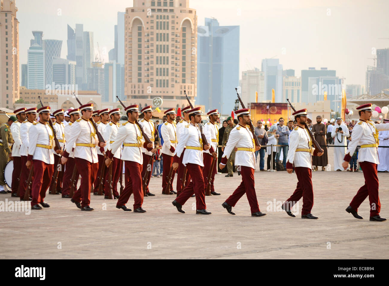 Qatar Emiri Guards are performing military marches in Doha, Qatar. The ...