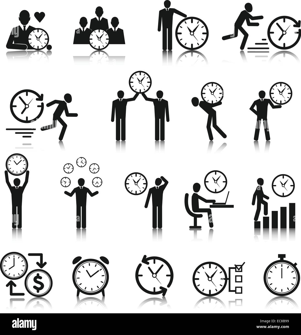 Business man with clock time management icons set vector illustration ...