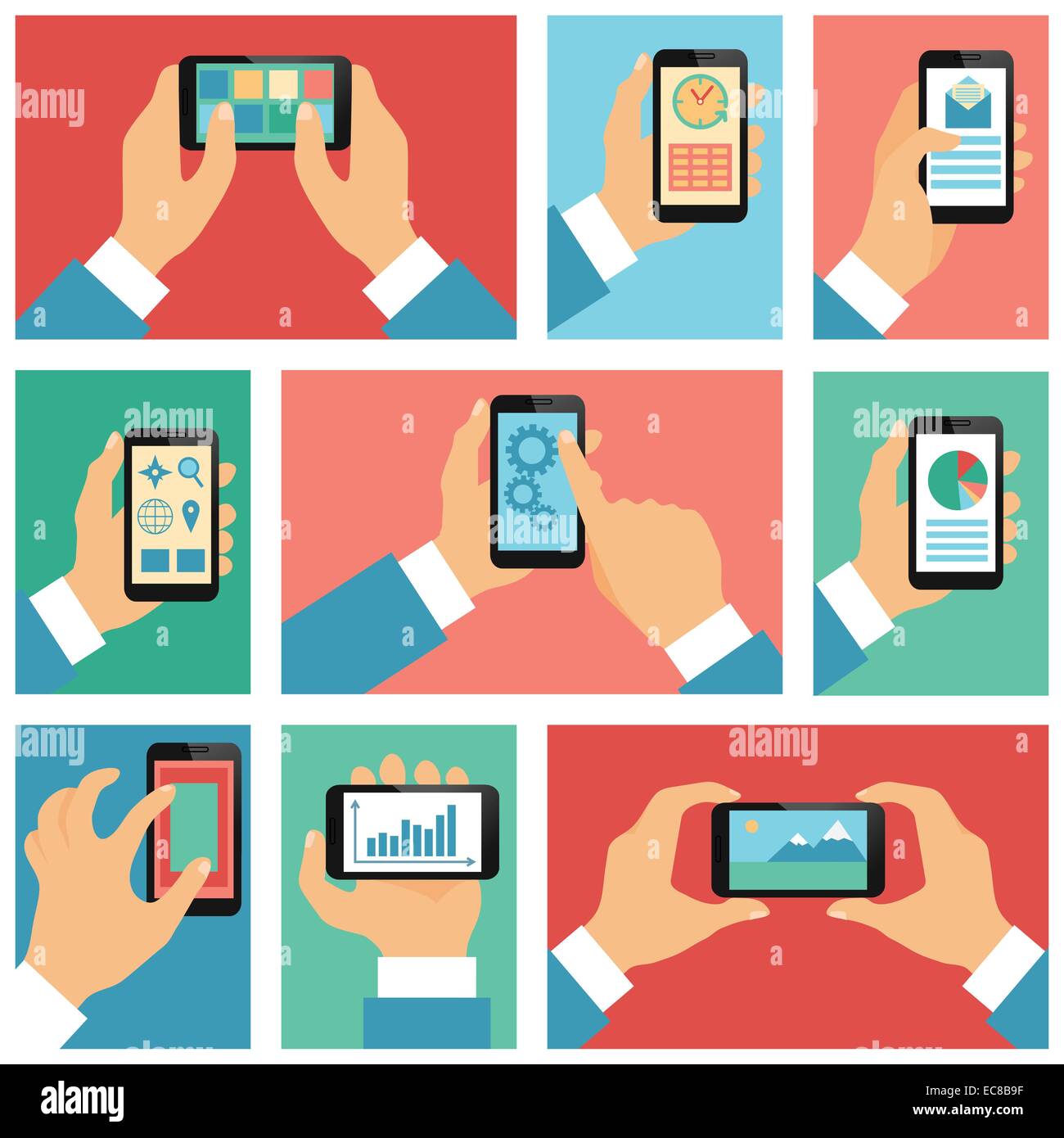 Collection of hands using mobile phone with business apps and social ...
