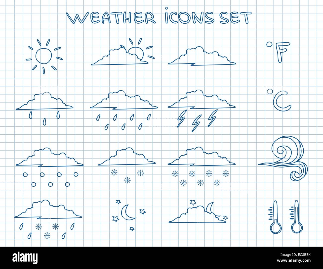 Weather forecast pictograms set of rain storm snow and wind doodle ...