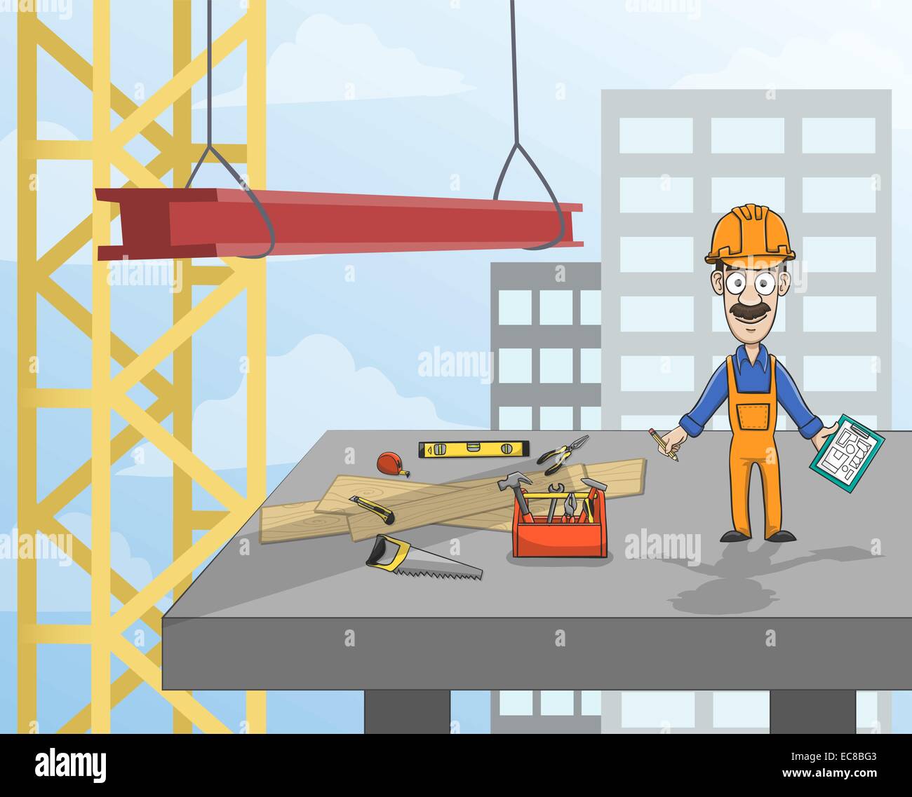 Highrise building construction worker with instruments standing on ...