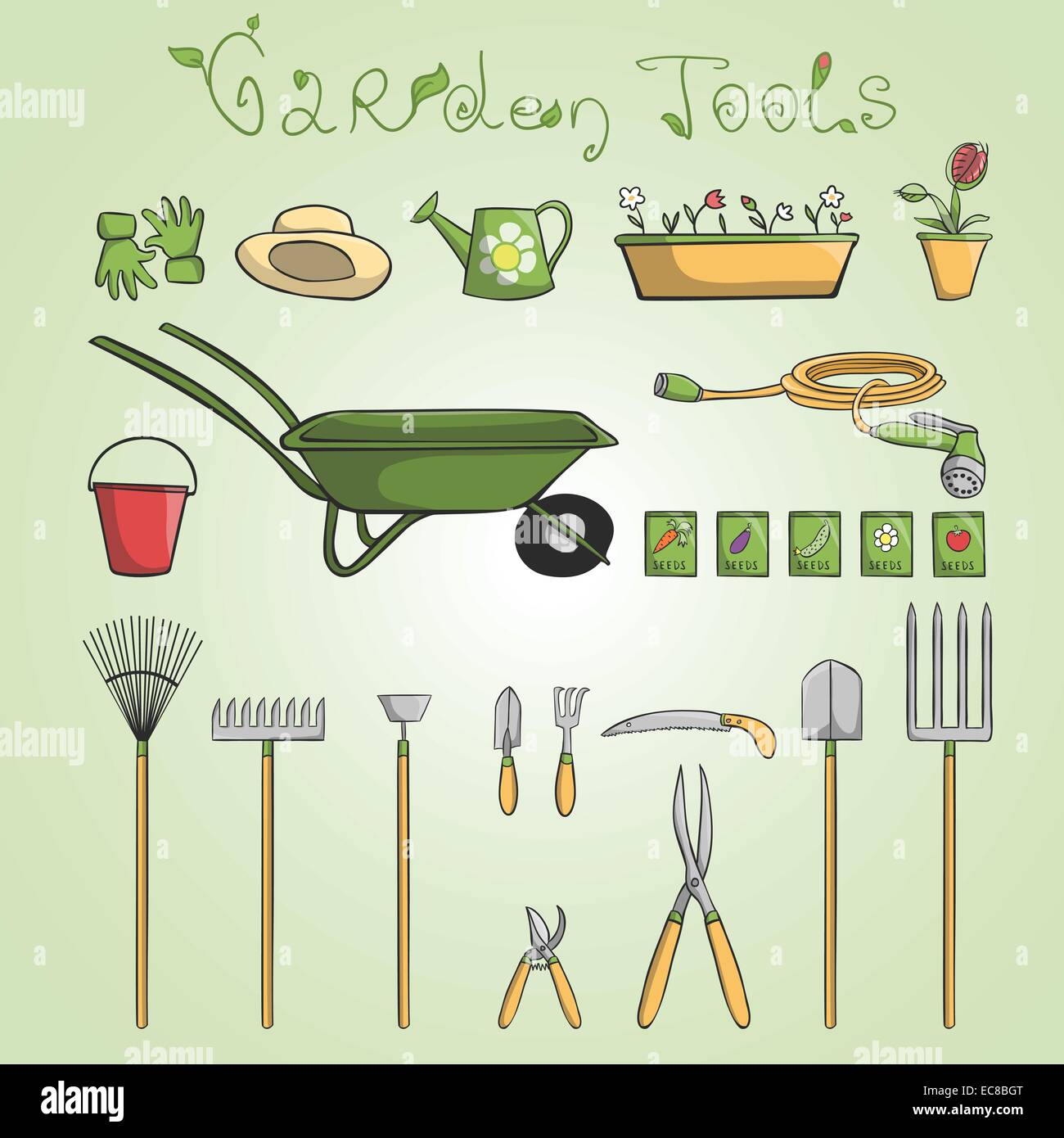 Collection of garden tools and accessories for cultivating vegetables ...